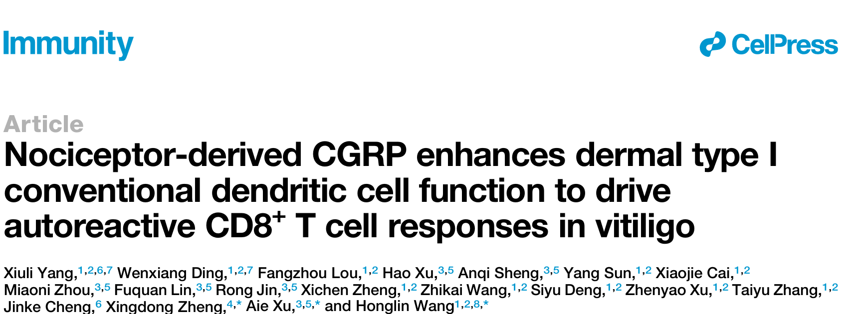 附属第一人民医院王宏林课题组通过“临床-基础-临床”研究环路发现阻断“感觉神经元-CGRP-cDC1-CD8+ T细胞”轴是治疗白癜风的新策略 ...